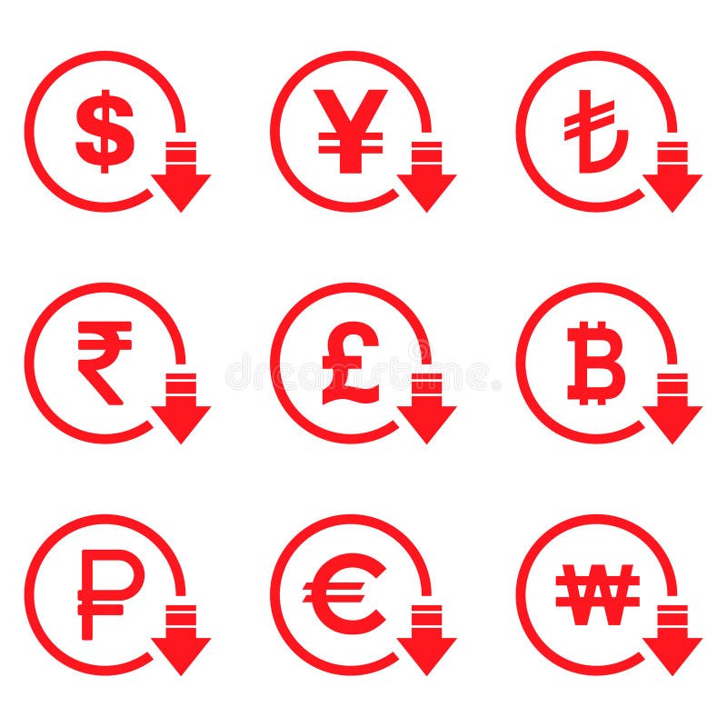 Cost Reduction- Decrease Dollar Euro Icon. Vector Symbol Image Isolated on Background Stock ...