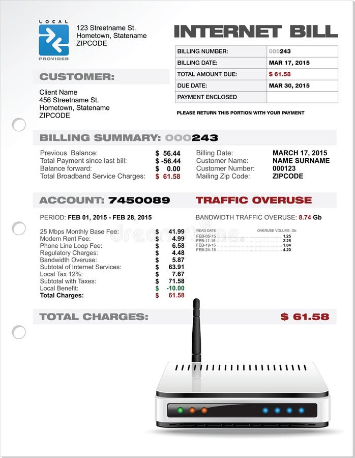 Costos Bill Document Template De La ISP De Internet Con El Router ...