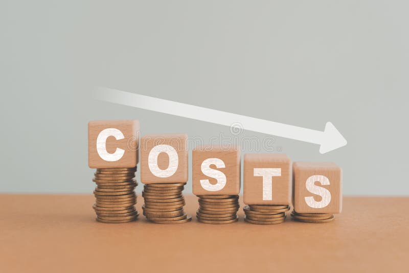 Costs Text on Decreasing Stack of Coins Stacking with White Down Arrow ...