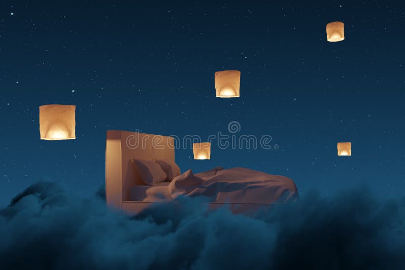 Cosy Bed Illuminated by Sky Lantern. the Bed Flying Over Fluffy Clouds ...