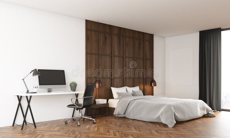 Cosy Bedroom with Computer and Large Bed Stock Photo - Image of light ...