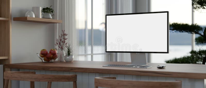 Cosy Home Workspace with a Computer Mockup and Accessories on a Wooden ...