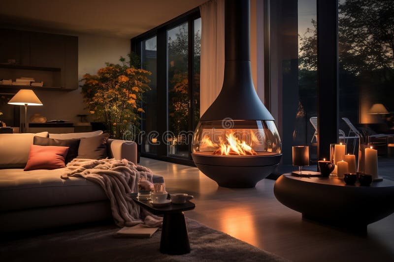 Cosy Interior with Modern Fire Stove Radiating Heat. AI Stock ...