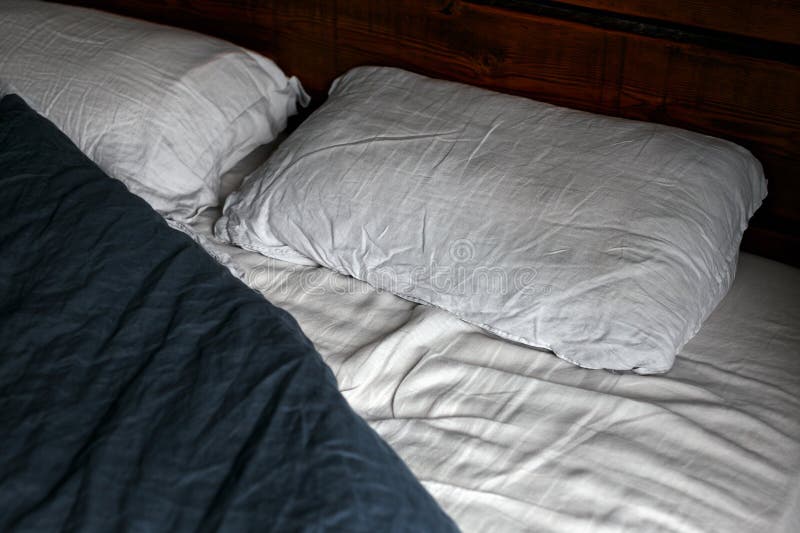 Cosy Interior with White Bed Linen. Bedroom with Oak Bed, Grey and Blue ...