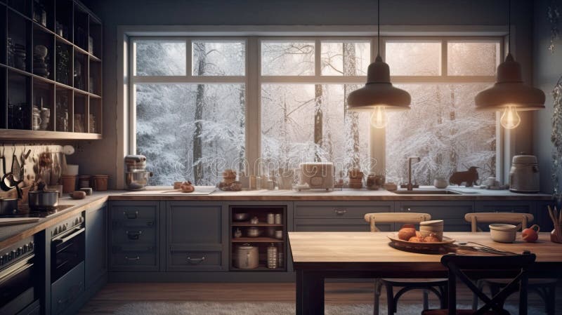 A Modern Kitchen with a Large Window and a View of the Mountains ...