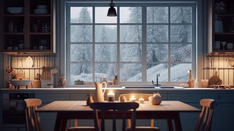 A Modern Kitchen with a Large Window and a View of the Mountains ...