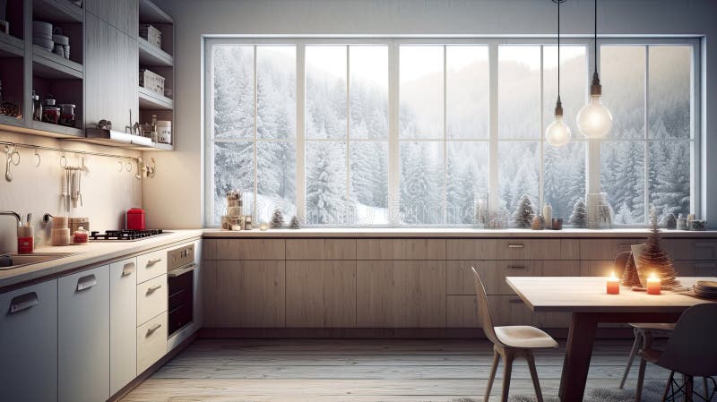 Cosy Kitchen with Large Window Facing Winter Forest, Scandinavian Style ...