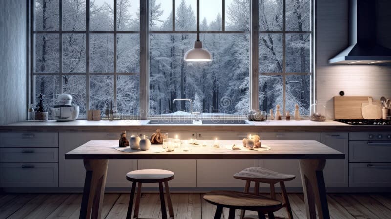 Cosy Kitchen with Large Window Facing Winter Forest, Scandinavian Style ...