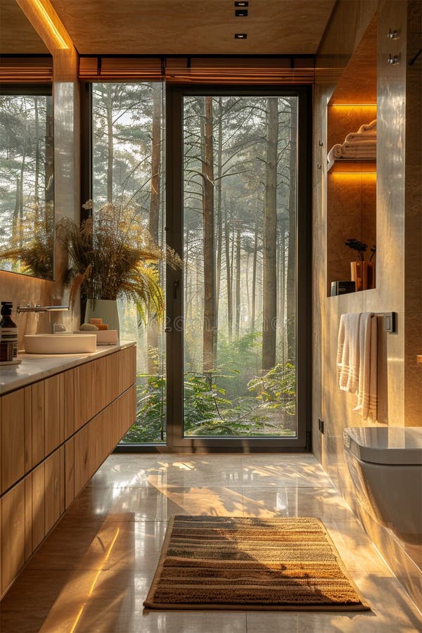 Cosy Rustic Bathroom with Big Windows and Plants Interior Stock ...