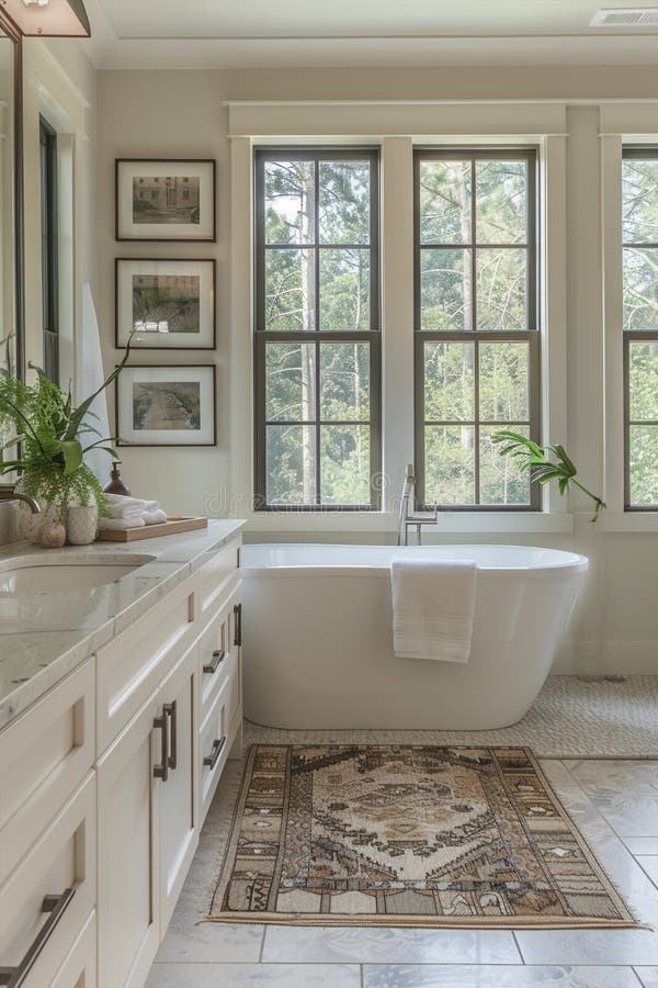 Cosy Rustic Bathroom with Big Windows and Plants Interior Stock ...