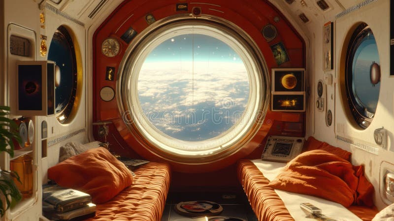 Cosy Spacecraft Interior Cabin Window View Over Clouds, Space ...