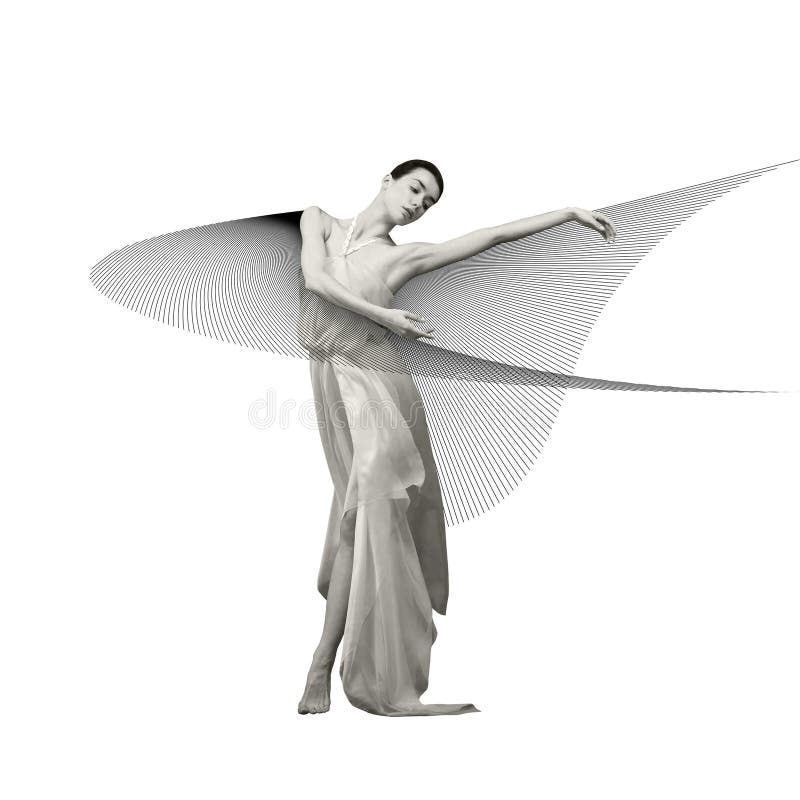 Cotemporary Art Collage. Dancer in Serene Pose Encircled by Abstract Geometric Lines ...