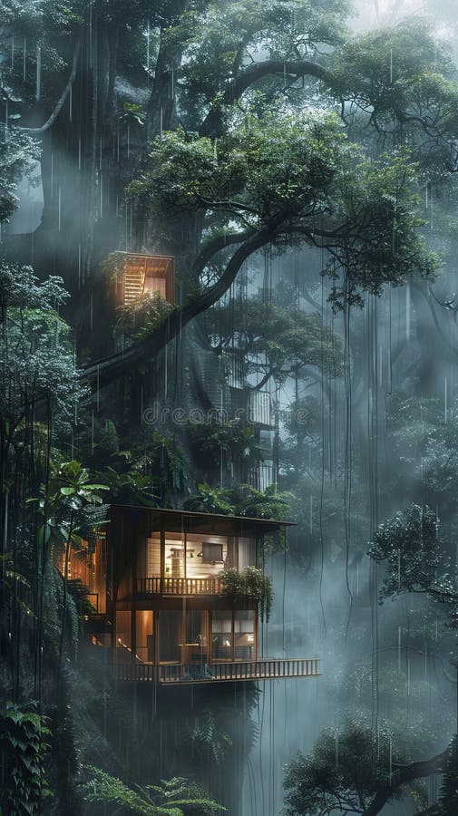 Cottage with Balcony, Lush Rainforest, Enveloped in Mist. Tree House ...