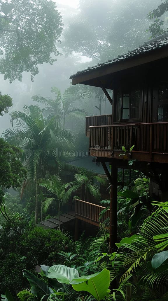 Cottage with Balcony, Lush Rainforest, Enveloped in Mist. Tree House ...