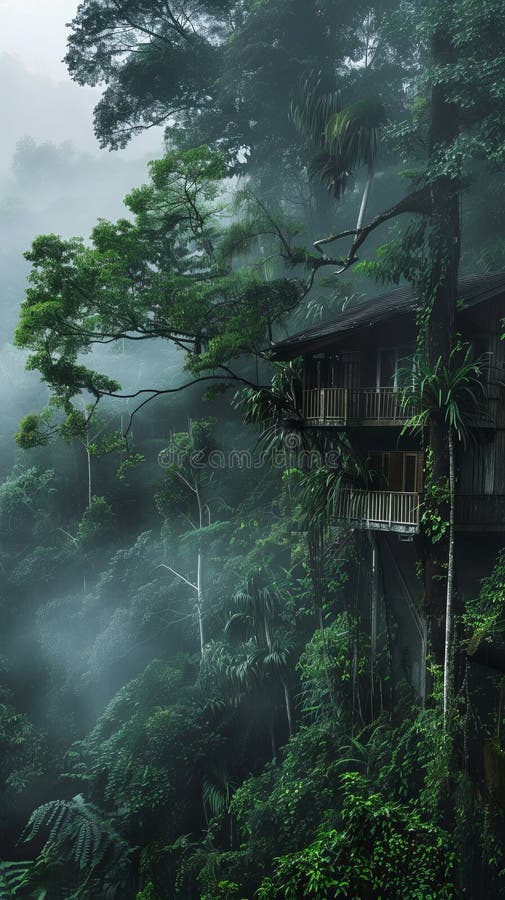 Cottage with Balcony, Lush Rainforest, Enveloped in Mist. Tree House ...