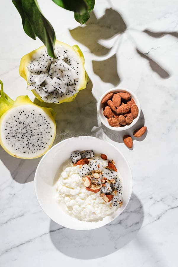 Cottage Cheese with Almonds and Pitahaya Stock Photo - Image of healthy ...
