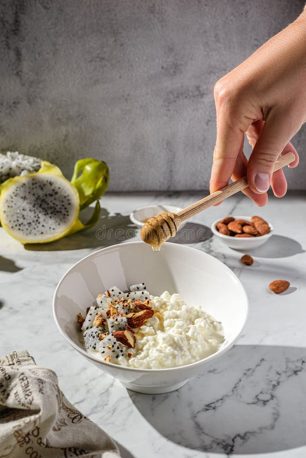 Cottage Cheese with Almonds and Pitahaya Stock Photo - Image of dietary ...