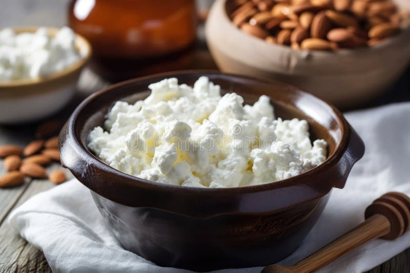 Cottage Cheese in a Bowl with Honey and Almonds Stock Image - Image of ...