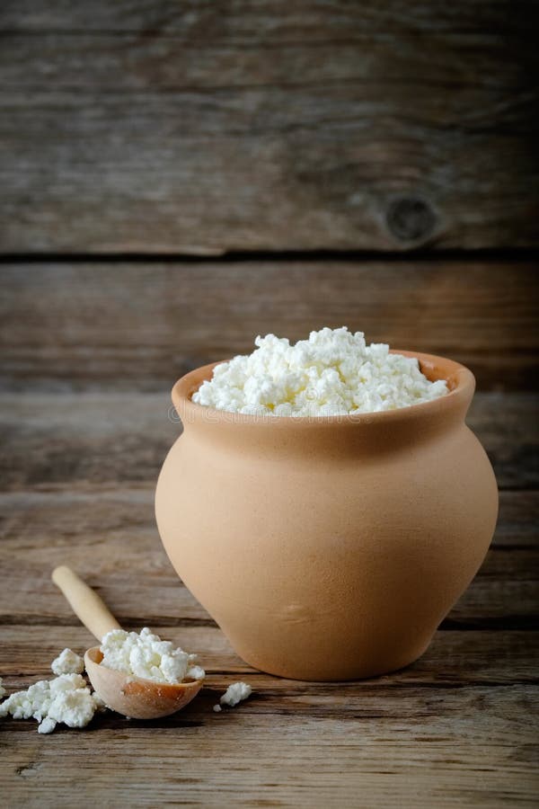 Cottage Cheese in Brown Rustic Clay Pot and Spoon. Stock Photo - Image ...