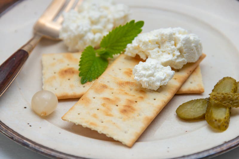 Cottage Cheese and Crackers on a Plate with Pickles , Diet or Snack ...