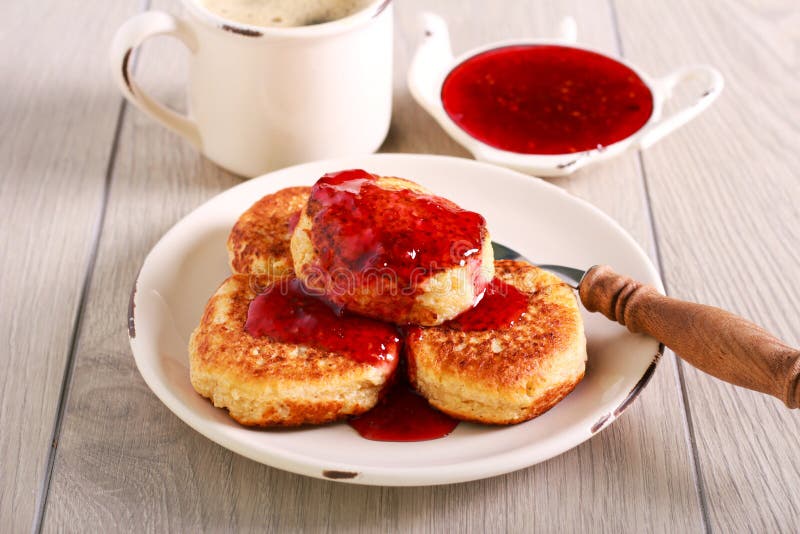 Cottage Cheese Fritters Served with Jam Stock Photo - Image of brunch ...