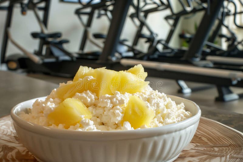 Cottage Cheese with Pineapple Chunks, Rowing Machines Behind Stock ...