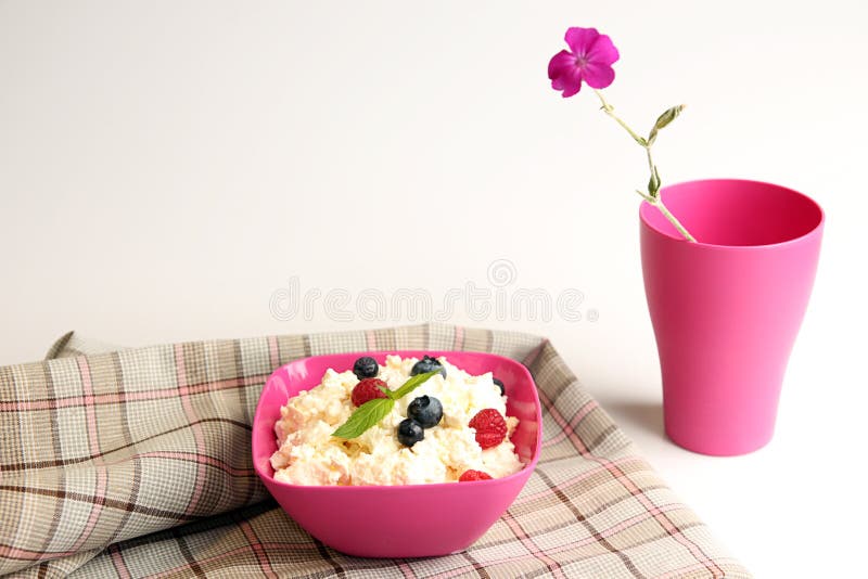 Cottage Cheese in Pink Plastic Bowl Decorated Mint and Berry. Stock ...