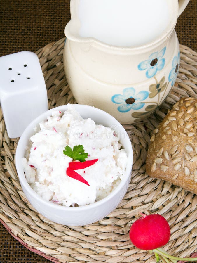 Cottage cheese with radish stock image. Image of albumen - 79556897