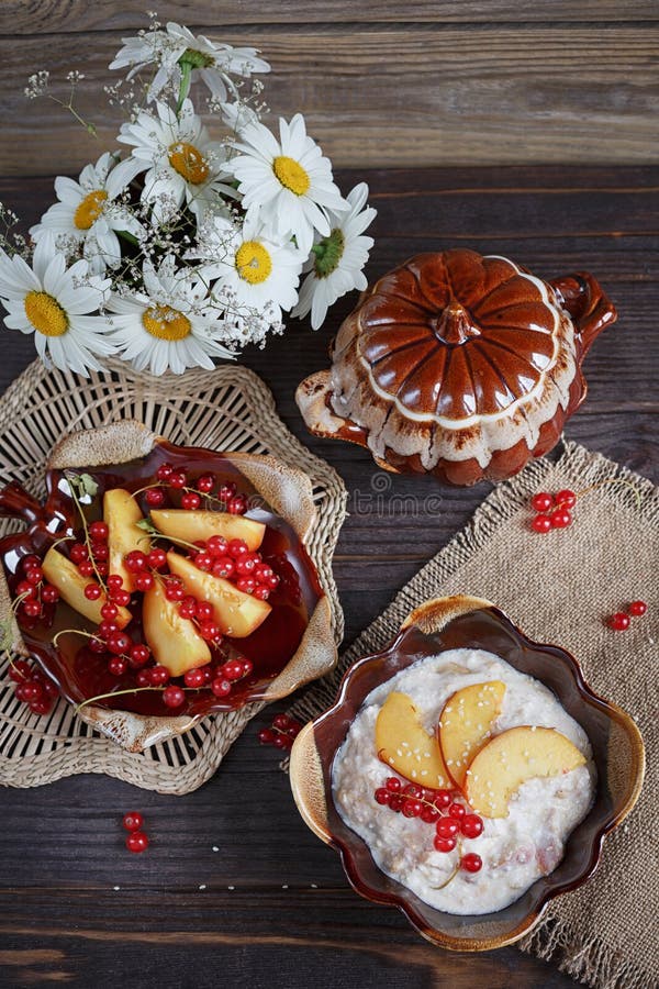 Cottage Cheese, Red Currant and Fresh Peaches Stock Photo - Image of ...