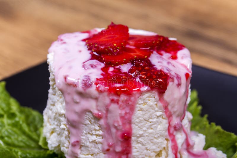 Cottage Cheese and Red Strawberry Poured Strawberry Raspberry Jam ...