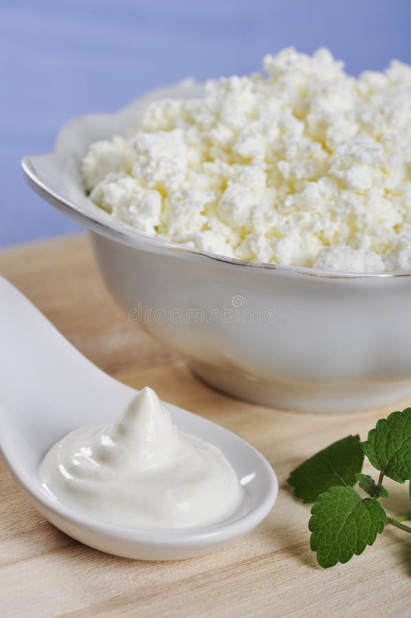 Cottage Cheese with Sour Cream Stock Photo - Image of cheese, wooden ...