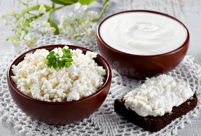 Cottage Cheese and Sour Cream Stock Image - Image of bread, leaf: 35903407