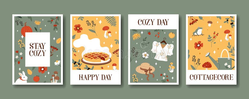 Cottage Core Cards in Flat Design Stock Illustration - Illustration of ...