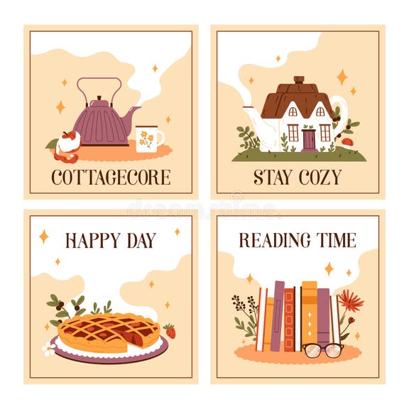 Cottage Core Cards in Flat Design Stock Illustration - Illustration of ...
