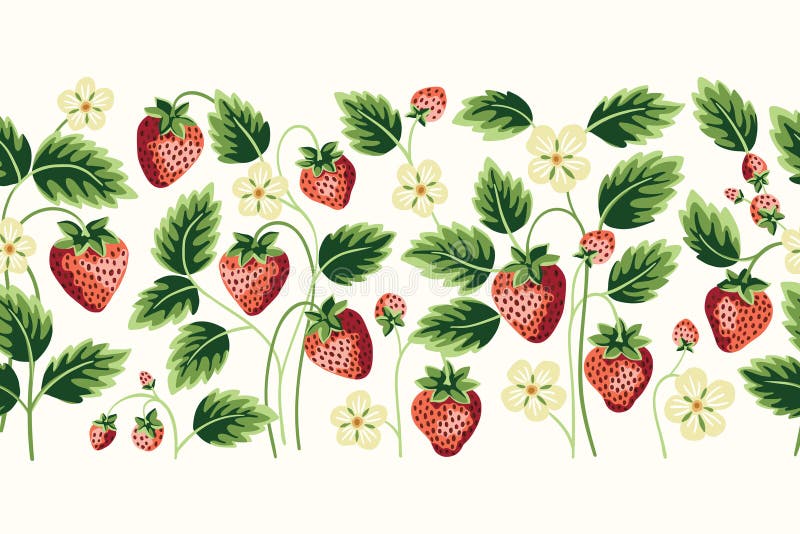 Cottage Core Garden Strawberry Patch Vector Horizontal Seamless Pattern ...