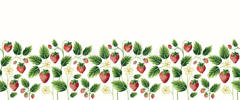 Cottage Core Garden Strawberry Patch Vector Horizontal Seamless Pattern ...