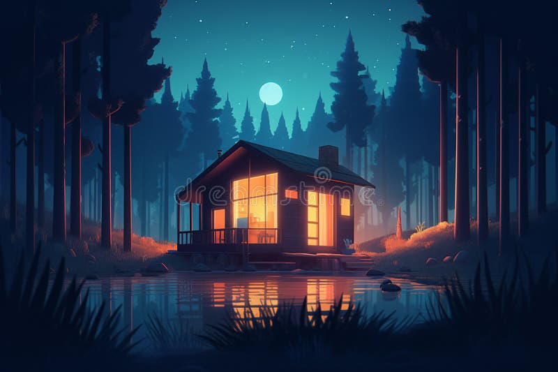 Cottage in the Forest at Night with Full Moon. 3D Rendering Generative ...