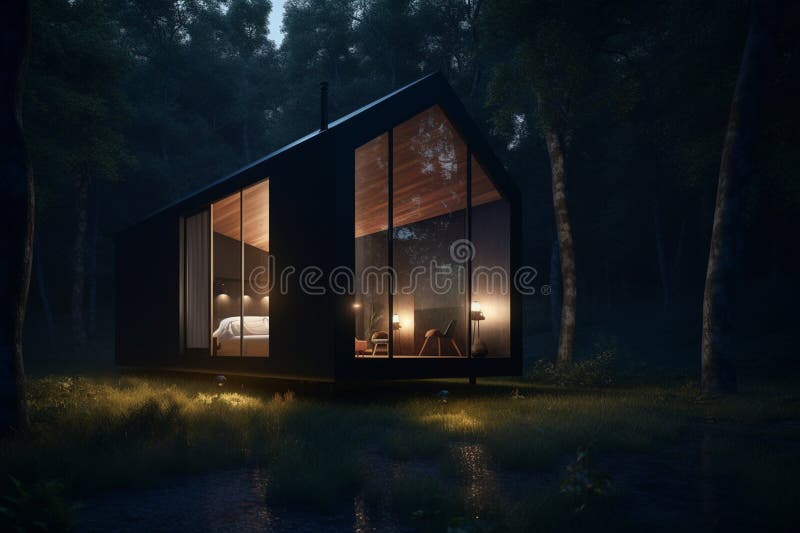 Cottage in the Forest at Night with Full Moon. 3D Rendering Generative ...