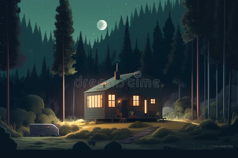 Cottage in the Forest at Night with Full Moon. 3D Rendering Generative ...