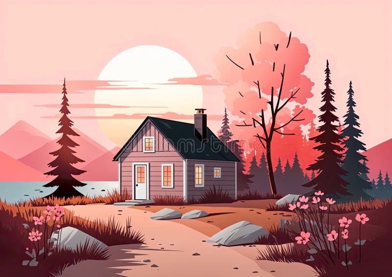 Cottage in the Forest at Sunset. Vector Illustration in Cartoon Style ...
