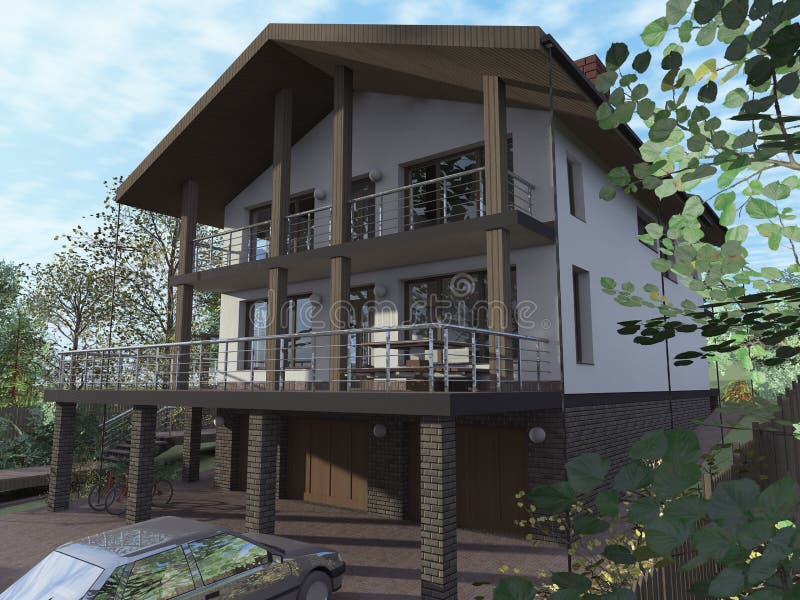 Cottage with Garage on the Side Stock Illustration - Illustration of ...