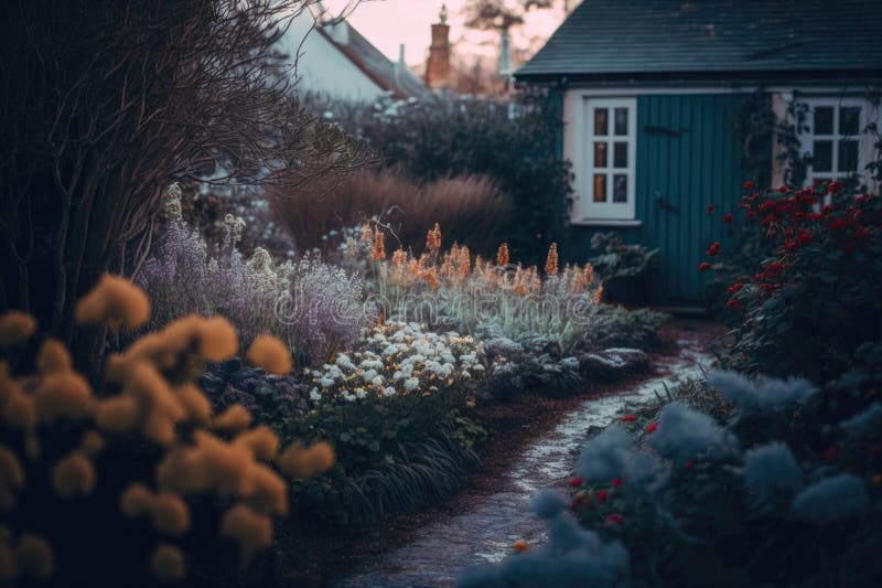 Cottage Garden with Flowers Illustration AI Generative Stock ...