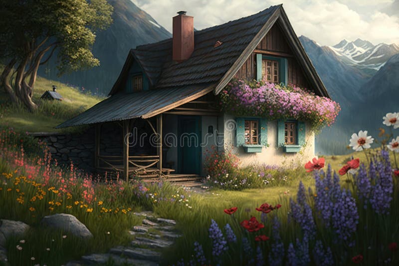 Cottage Garden in Full Bloom Stock Illustration - Illustration of ...
