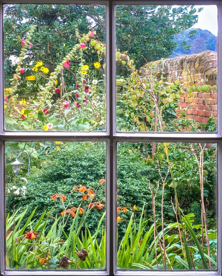 Cottage Garden through an Old Sash Window Stock Photo - Image of ...