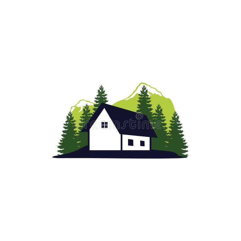 Cottage Home Stay in Front of Pine Tree Forest Vector Logo Design Stock ...