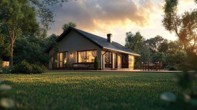 Cottage House Exterior on Grassy Lawn with Evening Sky 3D Render Stock ...