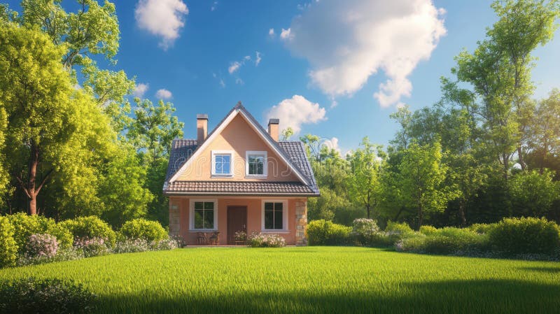 Cottage House Exterior with Lawn and Blue Sky Daylight 3D Render Stock ...