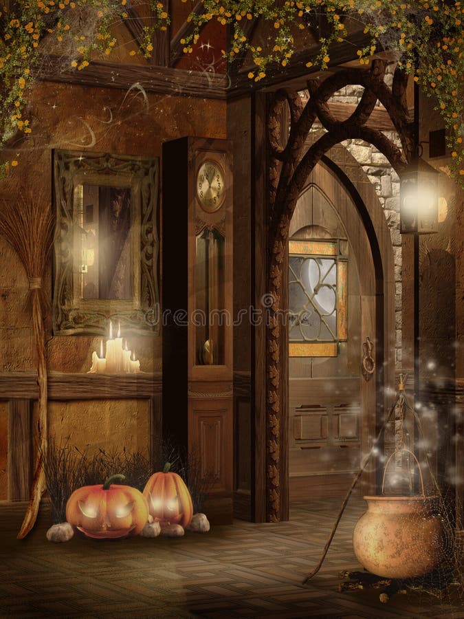 Cottage Interior with Halloween Decorations Stock Illustration ...