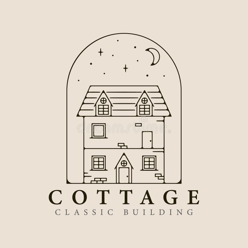 Cottage Line Art Logo Vector with Emblem Illustration Template Design ...