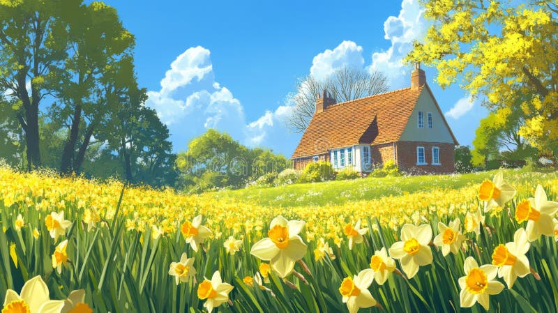 Cottage Nestled in a Field of Blooming Daffodils Under a Blue Sky Stock ...